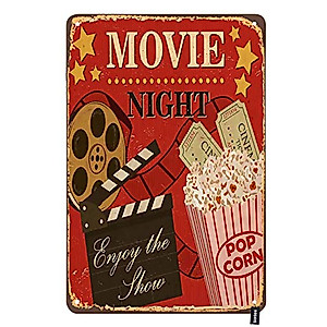 HOSNYE Movie Night Poster Tin Sign Enjoy The Show with Popcorn Red Background Vintage Metal Tin Signs for Men Women Wall Art Decor for Home Bars Clubs Cafes 8x12 Inch