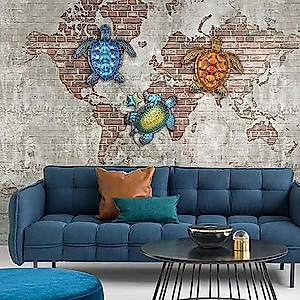 Toonshare Sea Turtle Wall Art Flat Metal Wall Art Coastal Wrought Iron Hanging Wall Mounted Animal Sculpture Decor for Fence Deck Garden Farmhouse Coastal Beach Themed Decor (yellow, 11 inch)