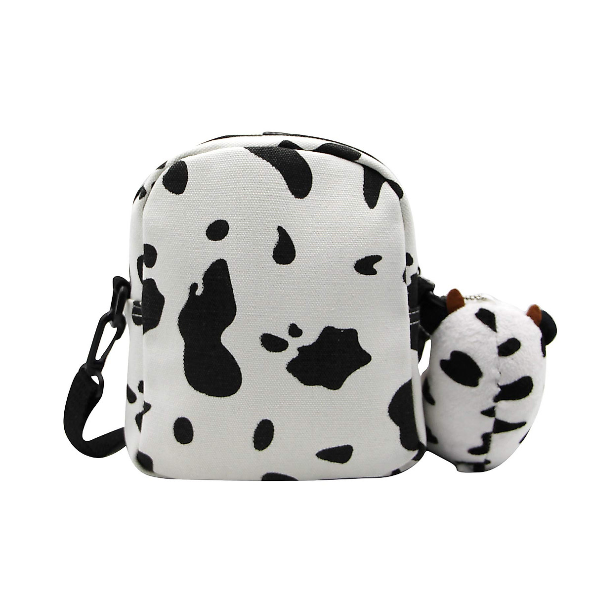 Cow Print Canvas Crossbody Purse Cute Animal Shoulder Handbag Phone Bag with Plush Pendant for Women Girls Kids