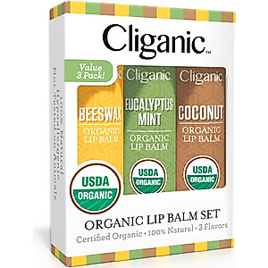 Cliganic USDA Organic Lip Balm Set - 3 Flavors - 100% Natural Moisturizer for Cracked & Dry Lips