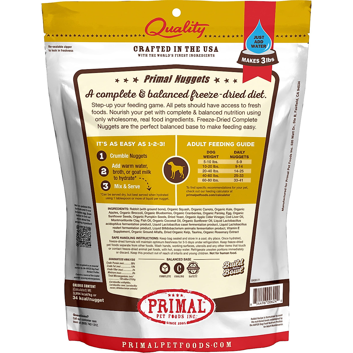 Primal Freeze Dried Dog Food Nuggets Rabbit 14 oz, Complete & Balanced Scoop & Serve Healthy Grain Free Raw Dog Food, Crafted in The USA