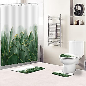 IcosaMro Green Shower Curtain Set with Rugs and Accessories Bathroom Set 4 Pcs (Forest Bath Mat, U Shape Rug, Toilet Lid Cover Mat and 12 Hooks), Green