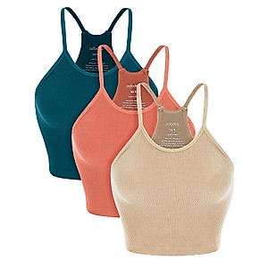 ODODOS Women's Crop Camisole 3-Pack Washed Seamless Rib-Knit Crop Tank Tops, Beige Coral Teal, X-Small/Small