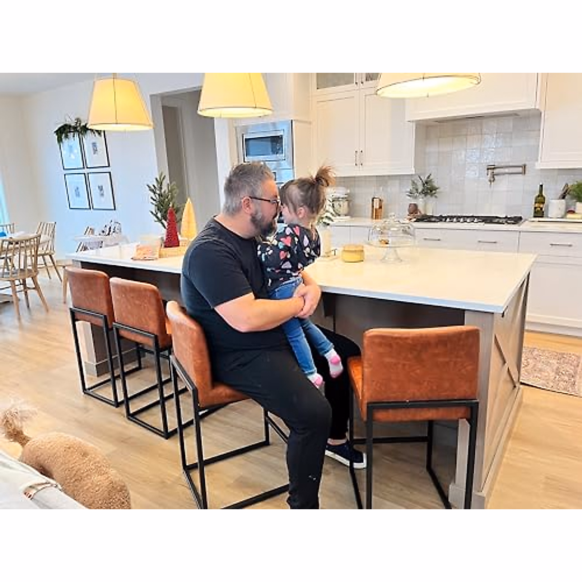 ALPHA HOME 24” Bar Stools Set of 4 Counter Height Bar Stool Pu Leather Kitchen Modern Bar Stools with Backrest Upholstered Footrest Sturdy Chromed Metal Steel Frame,Brown.