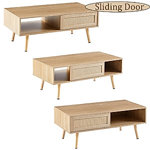 Modern Rattan Coffee Table with Sliding Door Storage, 41.3 Inch Small Wood Coffee Table with Solid Wood Legs, Boho Coffee Tables for Living Room