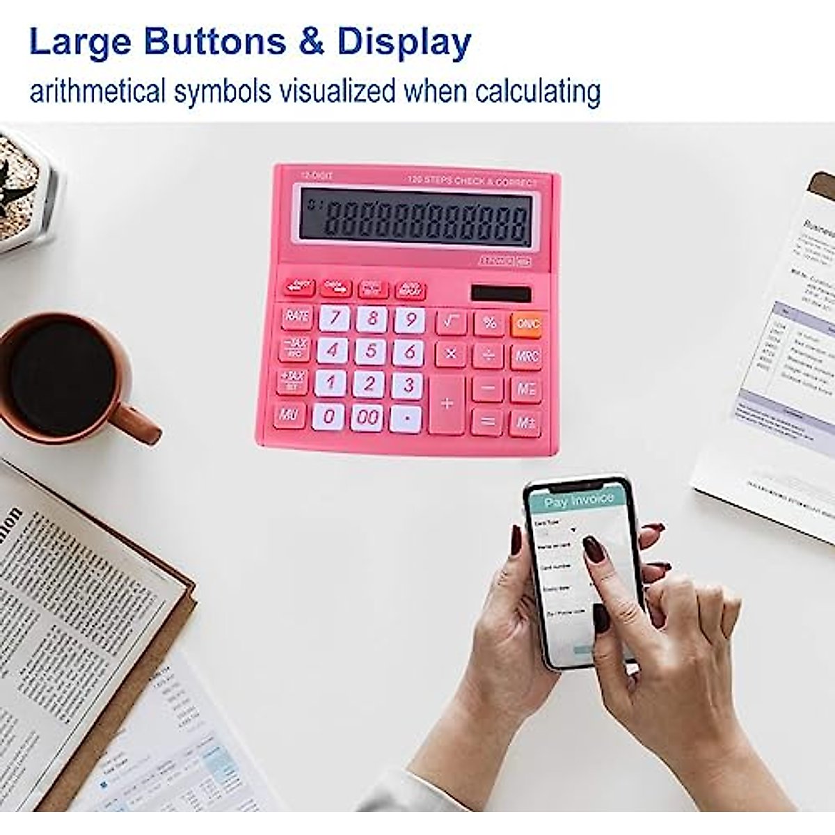Office Desk Calculator 12 Digits with Solar Power and Easy to Read HD LCD Display, Big Buttons, for Financial Affairs,Home, Office, School, Class and Business,with Battery，Pink