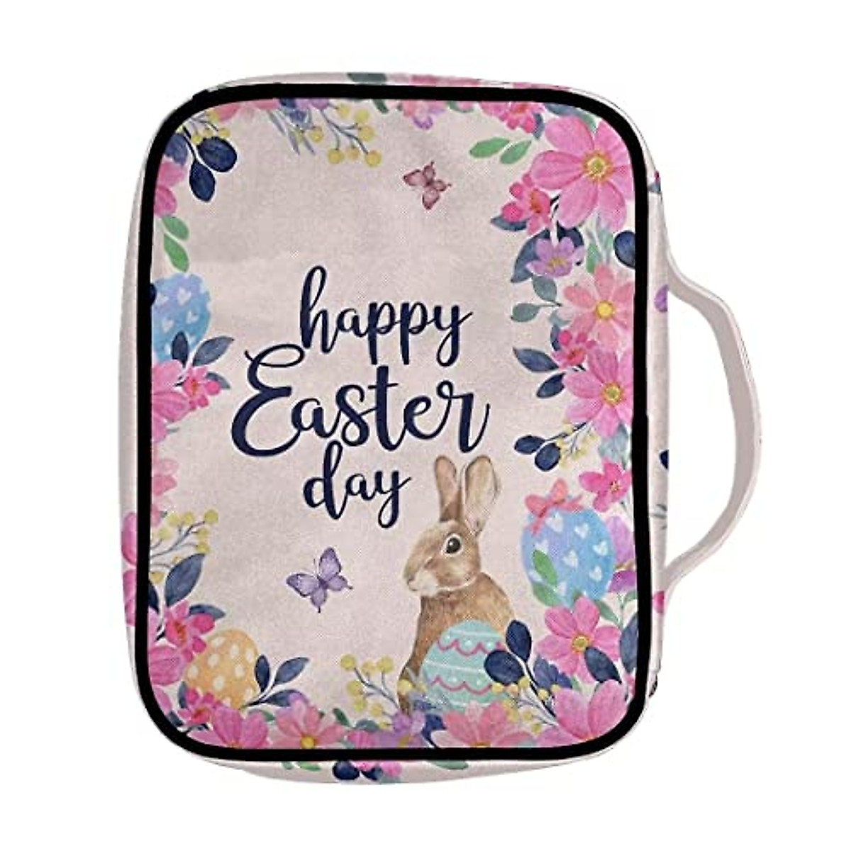 Drydeepin Happy Easter Day Cute Rabbit Bunny Print Bible Gift Bible Covers for Kids Lightweight Bible Carrying Case with Zipper Bible Bag and Totes Bible Study Supplies