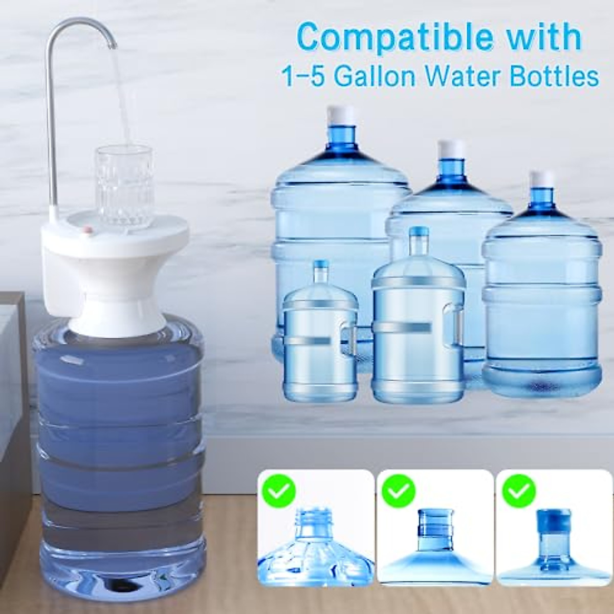 White Drinking Water Dispenser Pump, Automatic Electric Drinking Water Bottle Pump for 1-5 Gallon Water Jugs, USB Rechargeable with The Switch Control, Portable for Home, Kitchen, Office, Camping