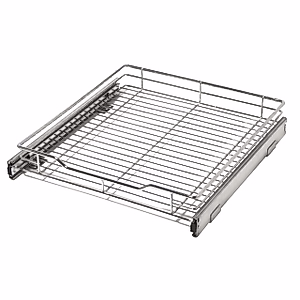 Smart Design Pull Out Cabinet Shelf - Medium - Smooth Roll Extendable Sliding Drawer - Holds 100 lbs - Steel Metal Wire - Sink Tray, Kitchen Organizer Basket, Pantry Spice Rack - 14.5 Inch x 18-35 - Chrome