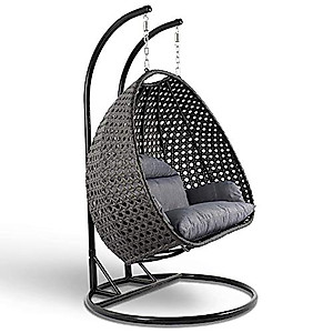LeisureMod 2 Person Hanging Double Swing Chair, X-Large Wicker Rattan Egg Chair with Stand and Cushion for Indoor Outdoor Patio Garden (Charcoal Blue)