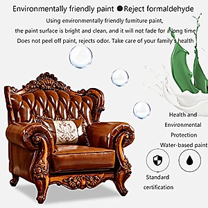 DEKIST European-Style Leather Sofa, Solid Wood Carved High-end American-Style Sofa Villa Living Room Furniture Suitable for Villa Living Room with Pillows Sofa