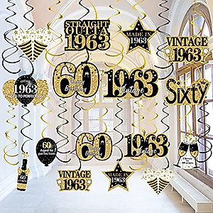 60th Birthday Decorations Hanging Swirls for Men Women, Black Gold Vintage 1963 Happy 60th Birthday Foil Swirls Party Supplies, Sixty Year Old Birthday Ceiling Hanging Decorations