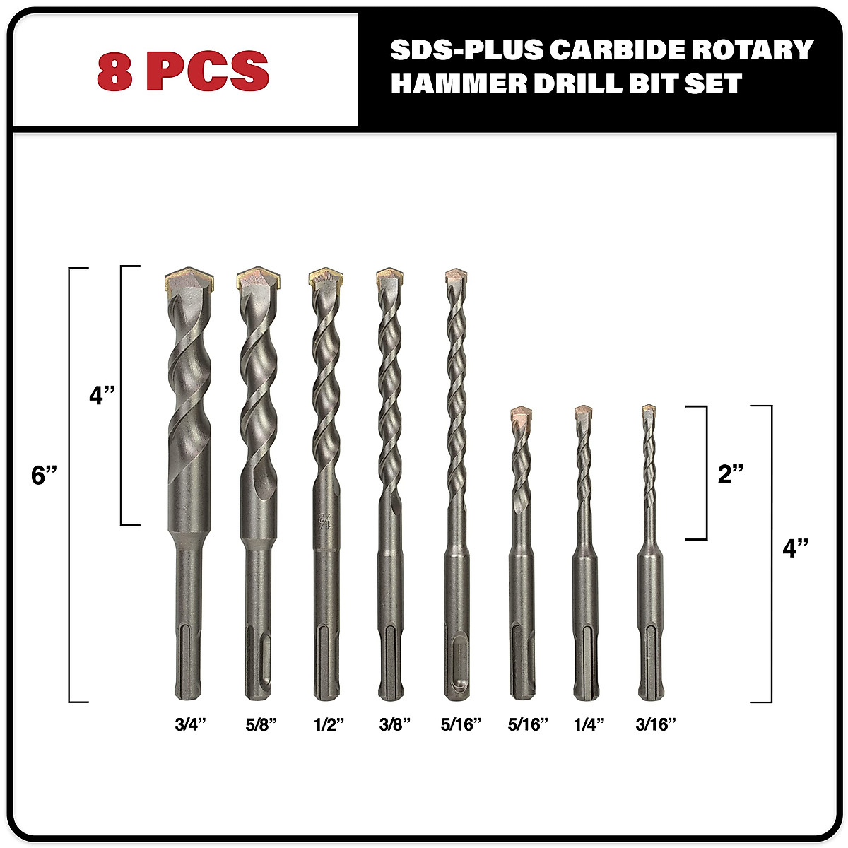 Sabre Tools 8-Piece SDS Plus Drill Bit Set, Carbide Tipped, Rotary Hammer Drill Bits for Brick, Stone, Concrete