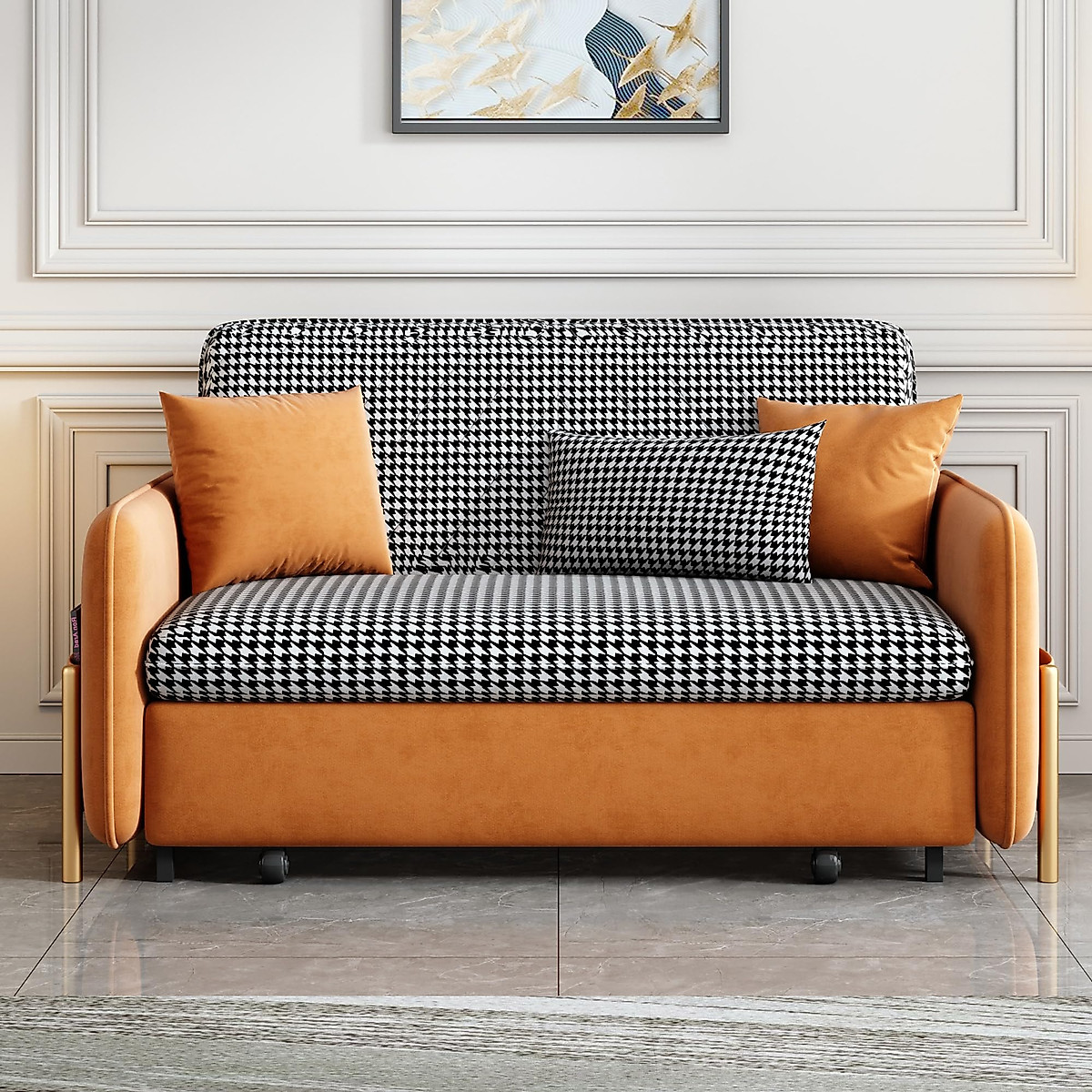53.5" Full Sleeper Sofa Orange Upholstered Convertible Sofa Bed 3 in 1 Sleeper Sofa Couch Bed, Small Tufted Velvet Convertible Loveseat Futon Sofa w/Pullout Bed, Multi-Pockets for Living Room