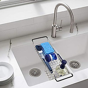 KeFanta Kitchen Sink Caddy Sponge Holder, Hanging Dish Sponge Organizer Holder, Telescopic Farmhouse Sink Accessories, Over Sink Expandable(14''-20'') Brush Soap Storage Rack - Stainless Steel