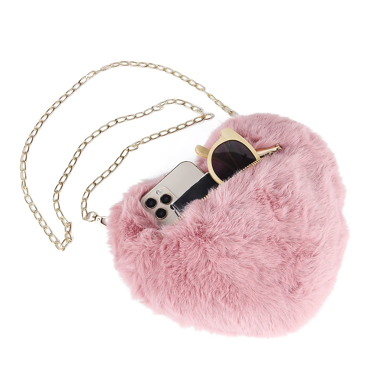 SUKUTU Faux Fur Purse Women's Heart Shaped Evening Handbags Small Cute Phone Crossbody Bag Clutches for Girls