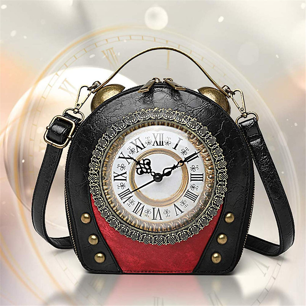 SteamPunk Handbags Women Real Working Clock Antique Shoulder Bag Pu Leather Retro Vintage Evening Cross Body Messenger Bag(Black)
