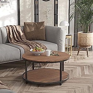 NSdirect 36” Round Coffee Table, Rustic Wooden Surface Top & Sturdy Metal Legs Industrial Sofa Table for Living Room Modern Design Home Furniture with Storage Open Shelf (Dark Walunt)