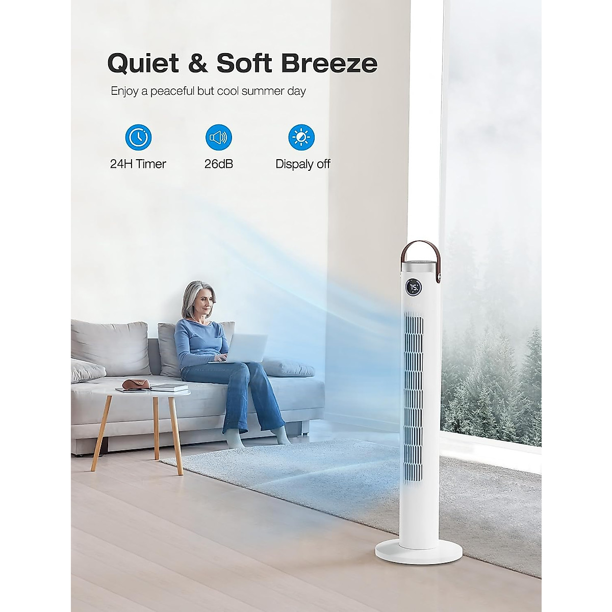 Simple Deluxe Tower Fan with Remote, 46 Inch Oscillating Fan, Bladeless Fans with 24H Timer, 3 Speeds, 3 Modes, LED Display, Cooling Standing Floor Fan for Bedroom Living Room Home Office