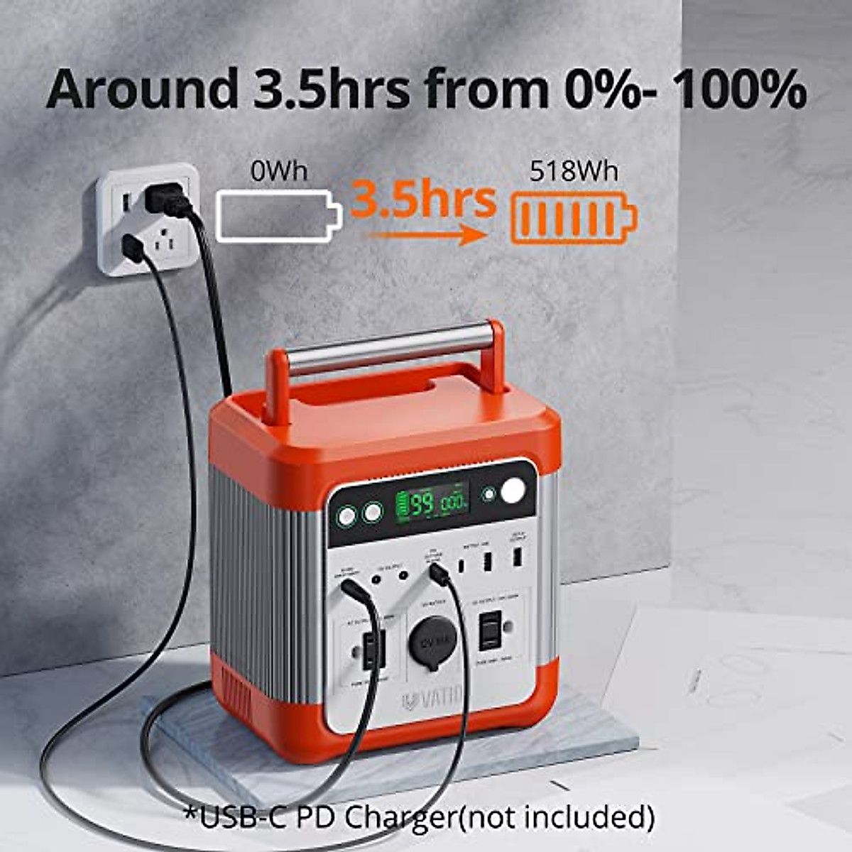 VATID Portable Power Generator,600W 518Wh Solar Power Generator,110V AC,12V Regulated DC,3.5hrs 100% Recharge,Pure Sine Wave,65W USB PD Rechargeable Power Generator