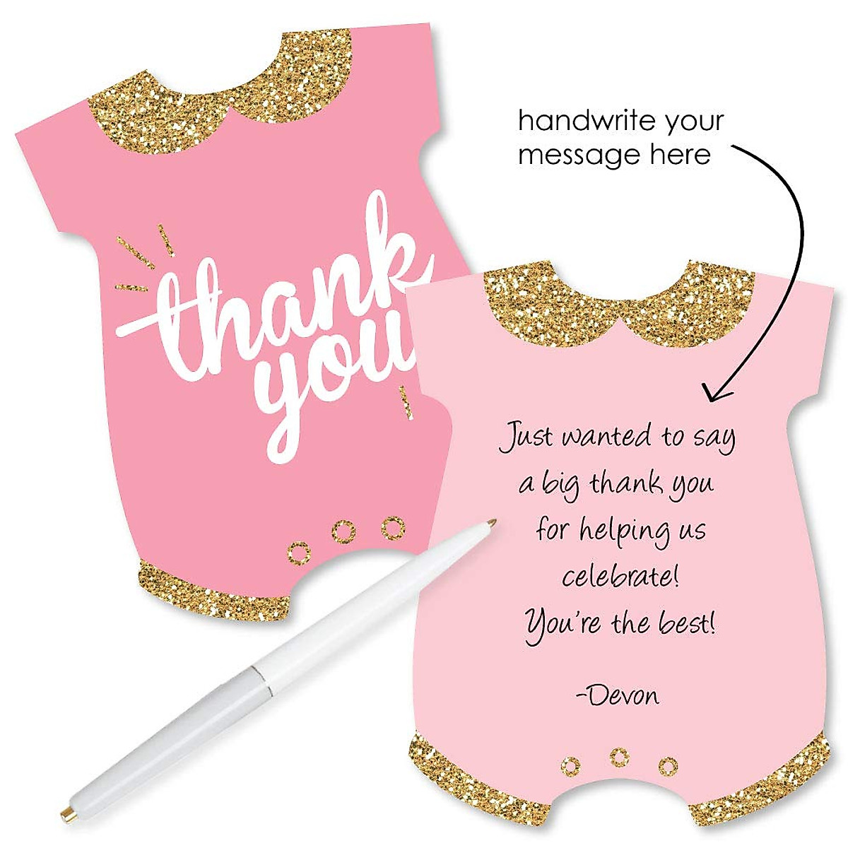 Big Dot of Happiness Hello Little One - Pink and Gold - Shaped Girl Baby Shower Thank You Note Cards with Envelopes - Set of 12