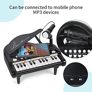 31 Keys,Kids Grand Piano Keyboard Toy for Beginners,3 4 5 6 Years Old Toddler Girl Boy First Birthday Gift,Musical Instrument,w/Microphone,Multiple Sounds,Note Stickers,Recordings,Connecting MP3,Black