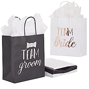 Juvale 20 Pack Bride and Groom Gift Bags with Tissue Paper for Wedding, Groomsmen, Bridesmaid, Reads Team Bride and Team Groom (8 x 4 x 9 In)