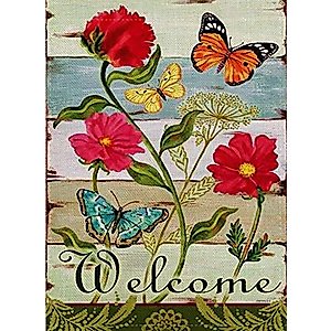 Furiaz Decorative Welcome Spring Vintage Flower Small Garden Flag Double Sided, Home Floral Burlap Zinnia Butterfly Outside House Yard Decoration, Summer Seasonal Outdoor Décor Flag 12.5 x 18