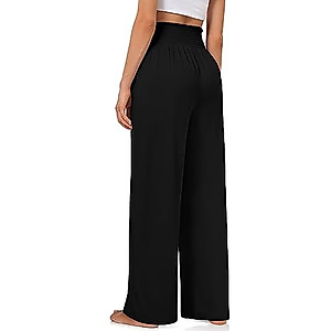 TARSE Womens Smocked Ruffle High Waisted Wide Leg Yoga Sweatpants Comfy Palazzo Lounge Pants Pajama Pants with Pockets Black M