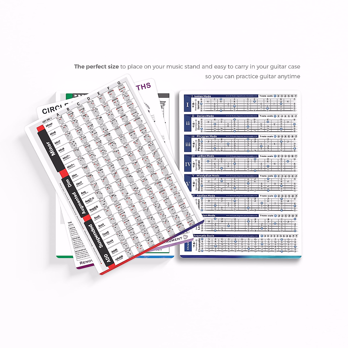 Guitar Chord Cheat Sheet Cards, Guitar Theory Chart of Chords Progression Scales Diagram Circle of Fifths Pattern Freboard Notes, 6 x 8 inches Mini Guitar Chords Chart Cheatsheets