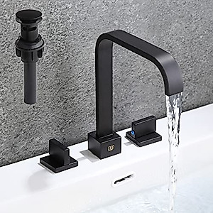 POP SANITARYWARE Matte Black 2-Handle 3 Holes Widespread Bathroom Sink Faucet with Pop-Up Drain Assembly Solid Brass 8 Inches Waterfall Bathroom Vanity Faucet Basin Mixer Faucets