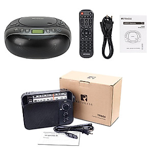 Retekess TR604 AM FM Radio Portable Transistor Analog Radio with 3.5mm Earphone Jack Battery Operated Retekess TR634 Portable Boombox CD Player, Bluetooth Boombox with FM Radio