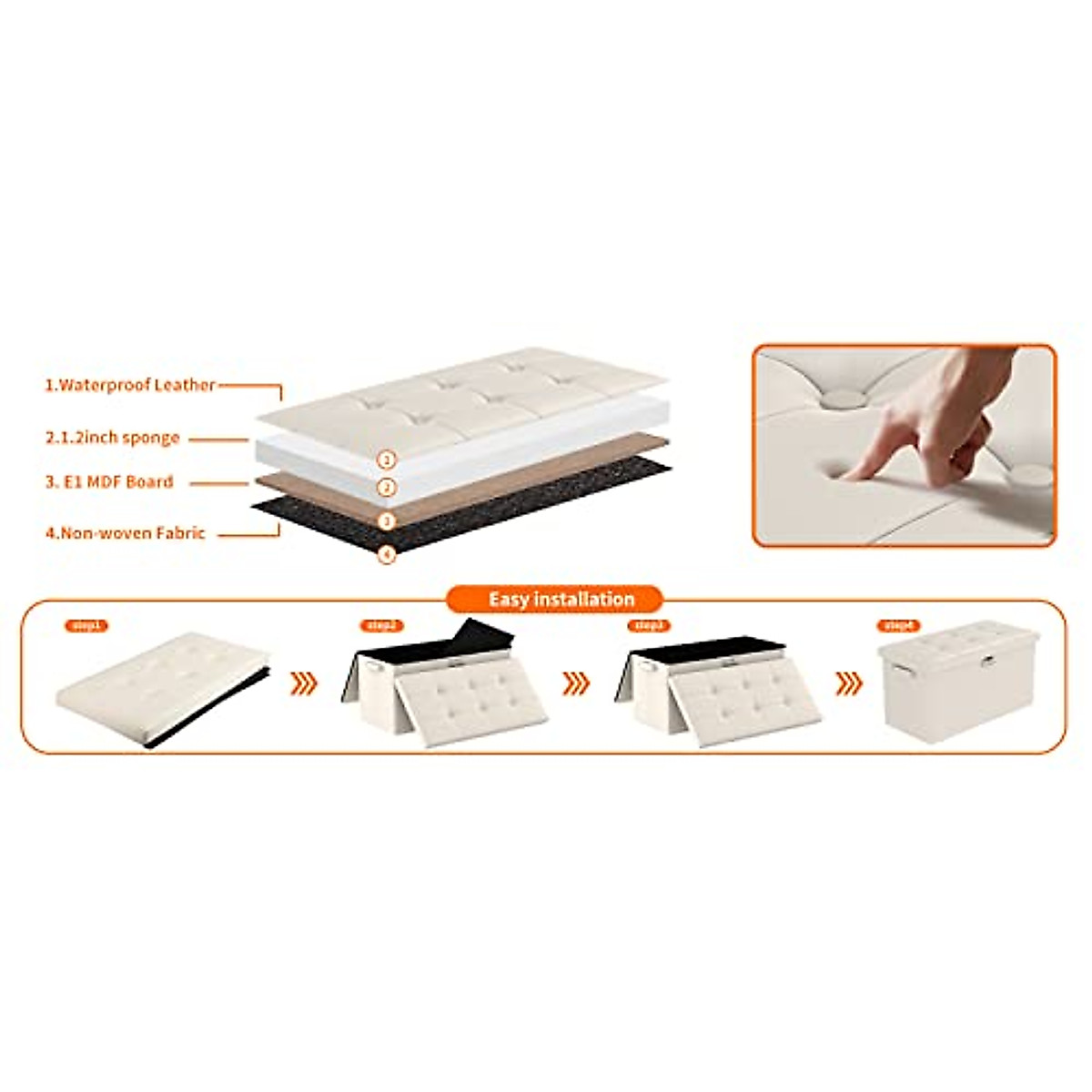 Tamfile 30 inches Folding Storage Ottoman with Lock,Fireproof Bedroom Bench with Storage,Beige Footrest with Foam Padded Seat,Ottoman Foot Rest for Bed Room,Storage Chest, Foot Rest Stool