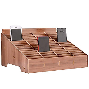 VALINK Multi-Grid Wooden Mobile Phone Management Storage Box Desktop Pen Pencil Organizer for Office Classroom Home, Cell Phone Holder Rack Shop Display Case Finishing Grid Organizer (30 Grids,Brown)