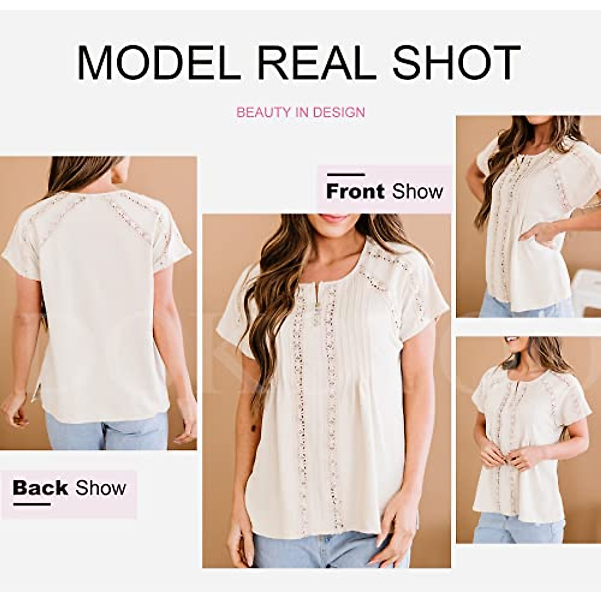 Dokotoo Womens Ladies 2023 Summer Sexy Lace V Neck Eyelet Short Sleeve Boho Shirts Spring Casual Loose Solid Chiffon Blouses for Women Tops Apricot 1X Large