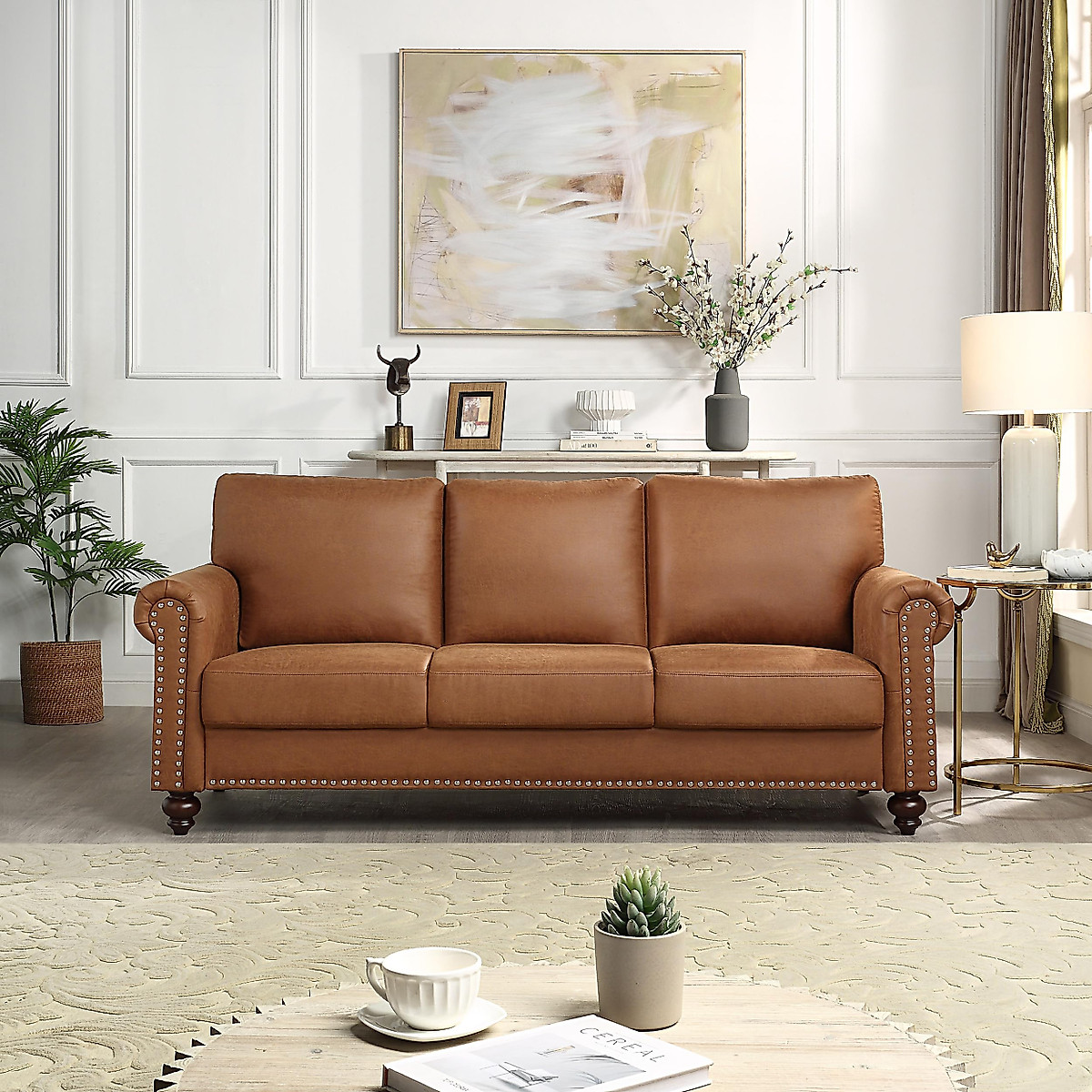 Livavege, 80" Mid-Century Modern, Breathable Faux Leather Upholstered Cushions/Pillows, 3-Seat Sofas & Couches for Living Room Apartment Office, Light Brown
