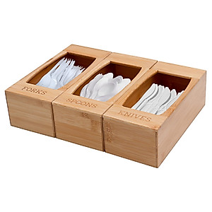 KOVOT Bamboo Utensils Organizer – Bamboo Wood Flatware Caddy – Cutlery Holder with 3 Separate Compartments – Forks, Spoons, Knives – Bamboo Organizing Box for Kitchen Counter, Drawers, Table