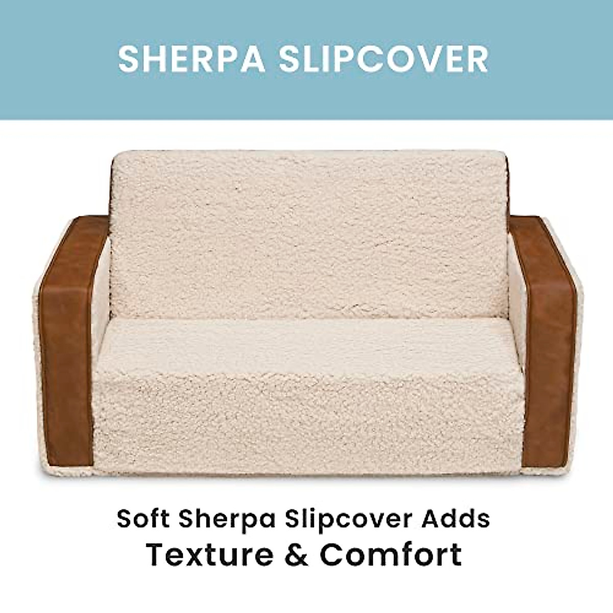 Delta Children Cozee Flip-Out Sherpa 2-in-1 Convertible Sofa to Lounger for Kids, Cream Sherpa/Faux Leather