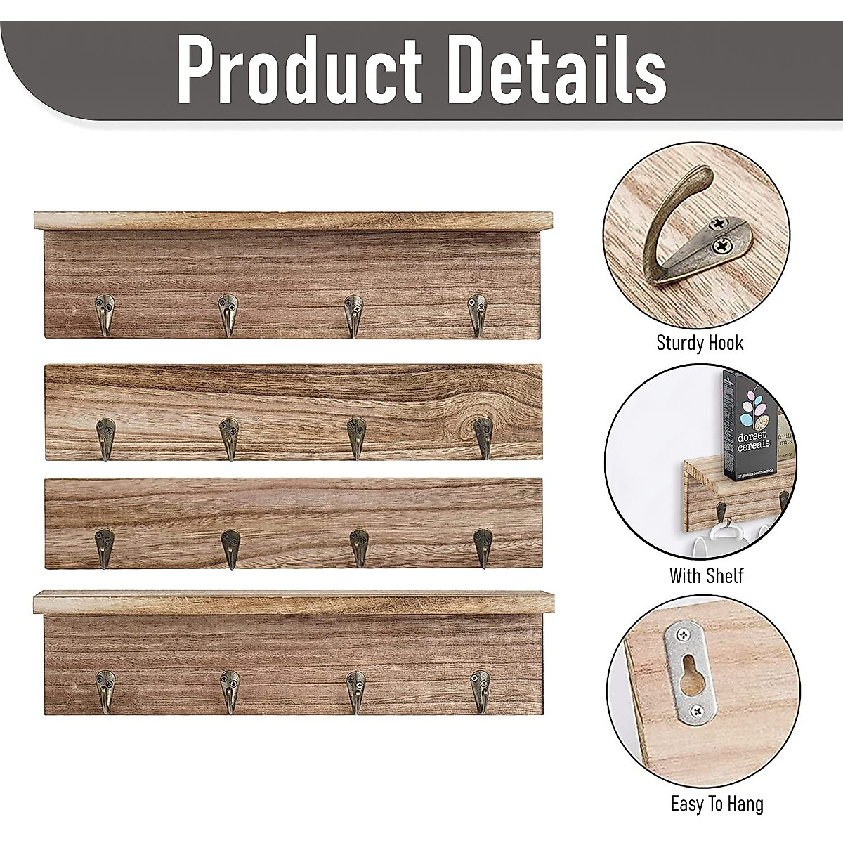 TRSPCWR Coffee Mug Rack with Storage Shelf, Rustic Wood Coffee Mug Holder Wall Mounted with 16 Hooks, Coffee Cup Holder for Mugs Tea Cups Display and Organizer, Set of 4