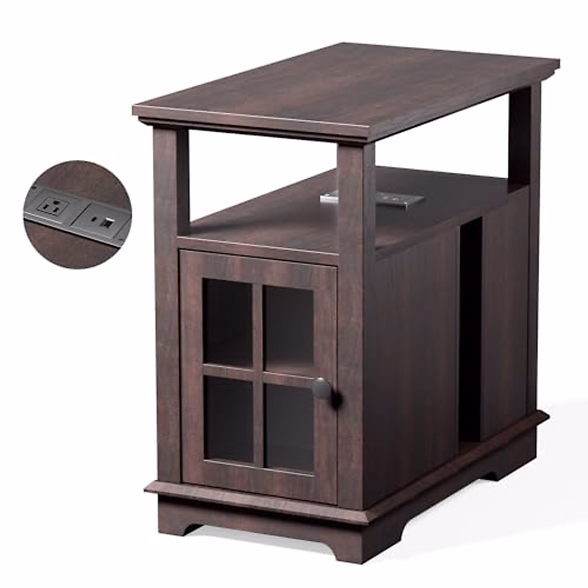 HIFYOBRO End Table with Fast Charging Station, Side Table on Wheels, Storage End Table with Electric Fireplace, Suitable for Living Room Bedroom (Espresso)