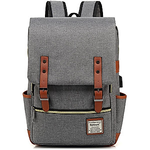 UGRACE Laptop Backpack, Grey, Unisex, 15.6" Laptop Compartment, 6 Compartments, USB Charge Port, Adjustable Shoulder Strap, PU Leather Belt