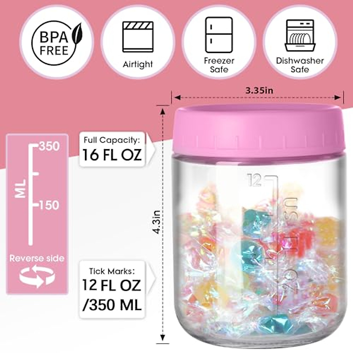 4 Pack Mason Jars 16 oz with Lids, Glass Jar with Screw Lid and Mesurement Marks, Glass Jars with Airtight Lids for Overnight Oats, Pickles, Salad, Spice, Candy, Jam, Seasoning, Meal Prep Containers