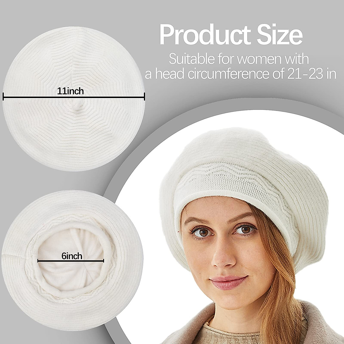 Women French Beret Hat Beanie Winter Knit Knitted Warm Wool Slouchy Paris Basque Baret Barrette Artist Cap White Classic Solid Color, Boinas de Mujer, Gifts for Ladies