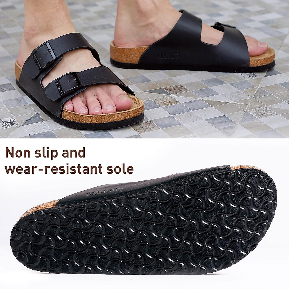 KLUKGE Mens Cork Sandals,Adjustable Buckle Leather Non-Slip Slippers Women's Flat Slide Cork Footbed Sandals Unisex Shoes, Arch Support(Black US 12)