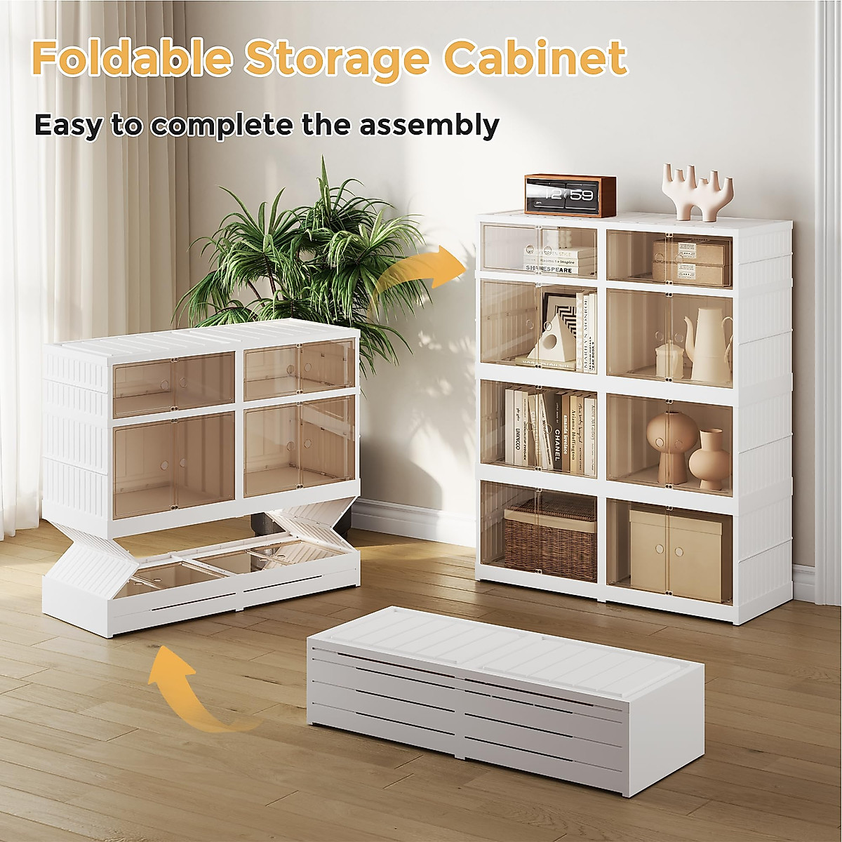 Luoxiao Plastic Storage Cabinet Collapsible Storage Bins with Doors 4 Tier 8 Grids Foldable Storage Boxes with Wheels Stackable Closet Organizer for Kitchen Bathroom Enterway White