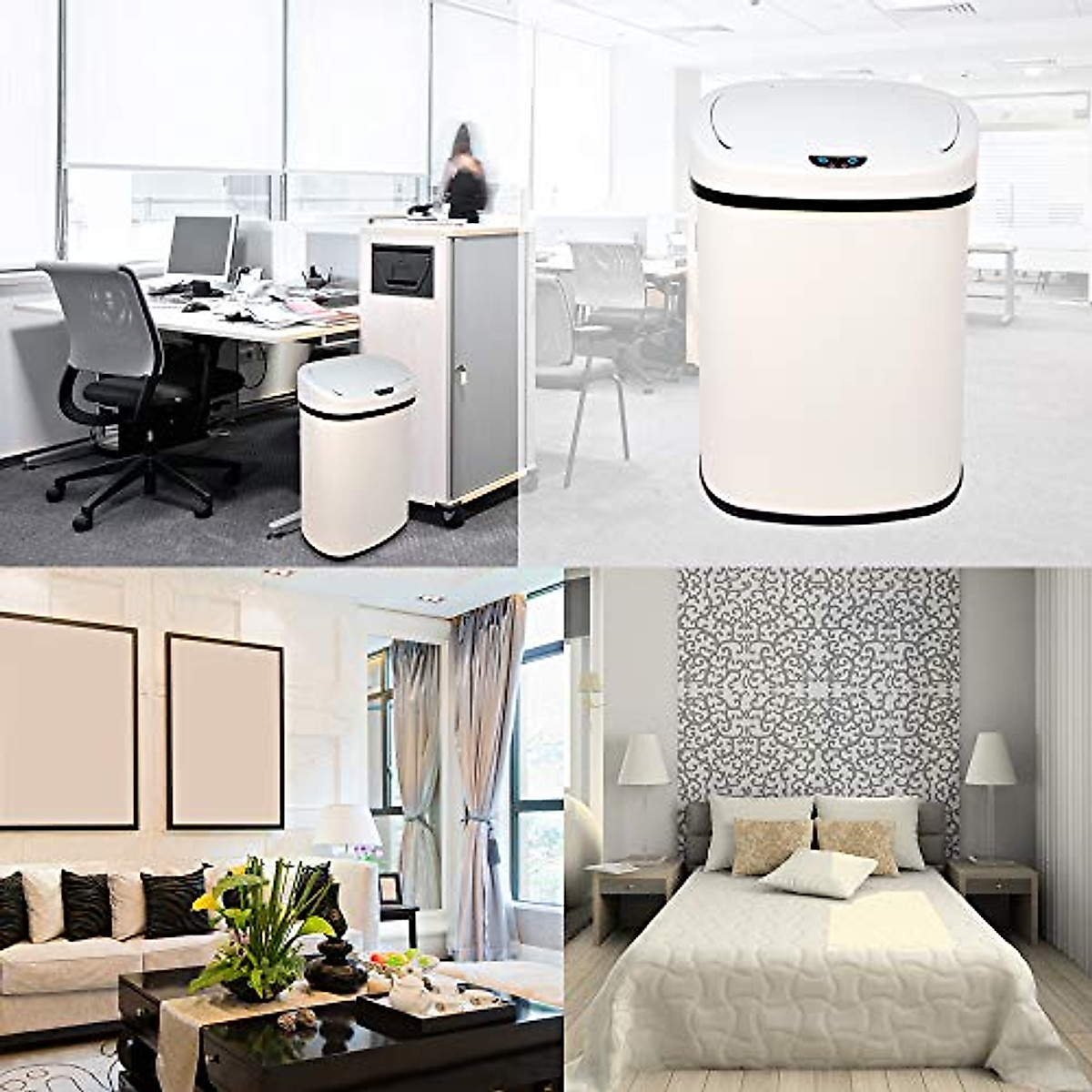 BHP Automatic Garbage can, Touch Free Stainless Steel Trash Can, No Touch Kitchen Waste Bin,High-Capacity Bathroom Trash Can with Lid for Home Bedroom Office, Powered by Battery, White