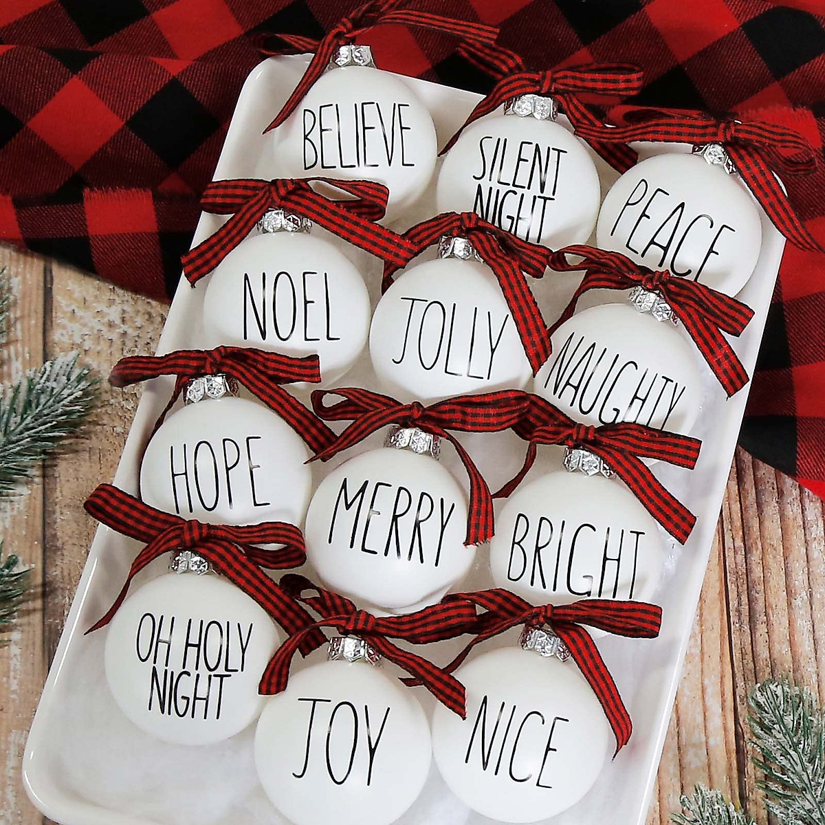 Christmas Ornaments - Xmas Tree Decorations - Set of 12 Shatterproof Bulbs with Buffalo Plaid Bows - White Holiday Balls Rustic Farmhouse Decor
