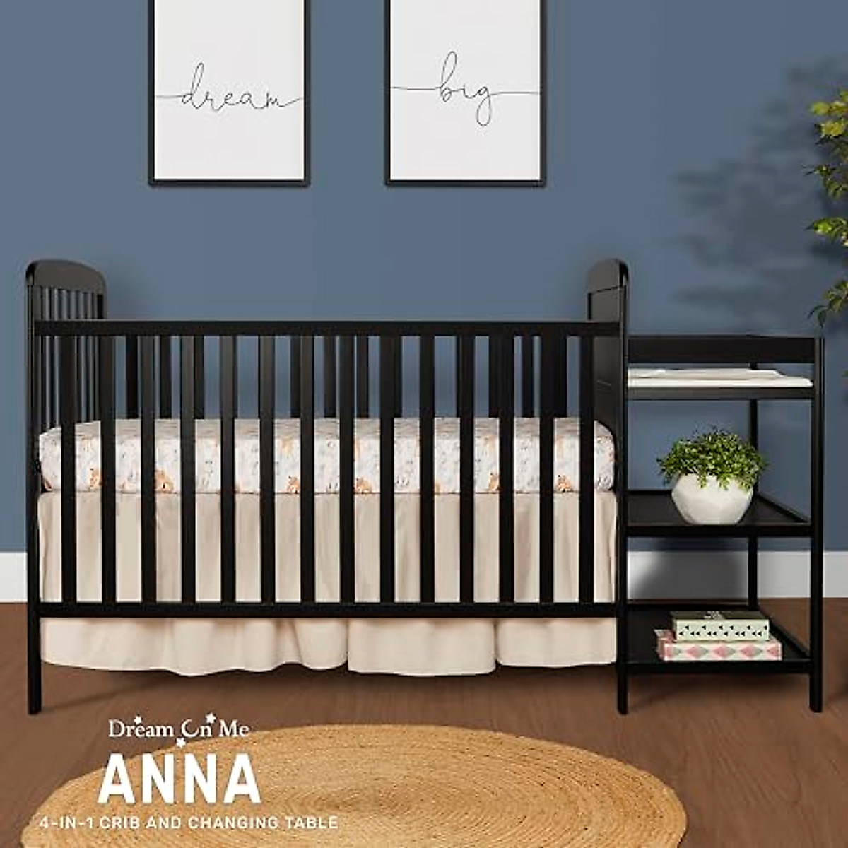 Dream On Me Anna 3-in-1 Full-Size Crib and Changing Table Combo in Black, Greenguard Gold Certified, Non-Toxic Finishes, Includes 1" Changing Pad, Wooden Nursery Furniture