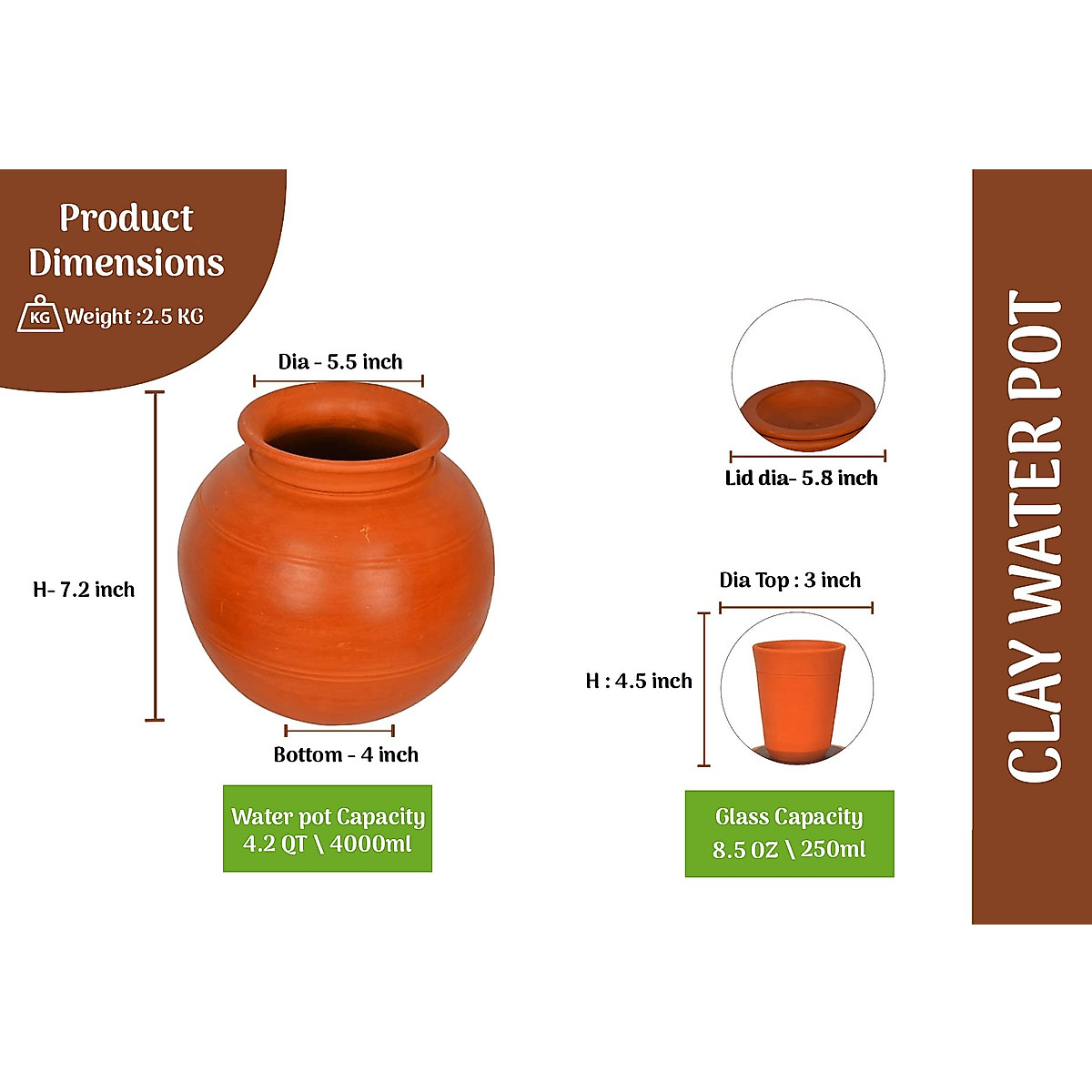 Village Decor Handmade Earthen Clay Water Pot with Lid and Glass (Capacity 4000 ml / 135 oz)
