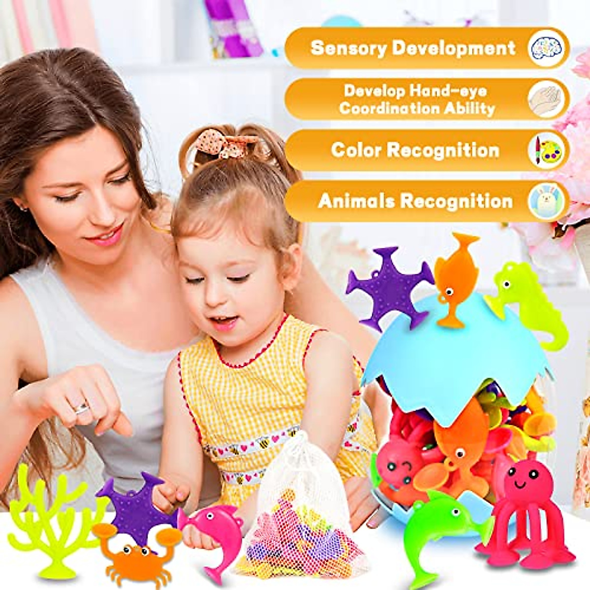 Suction Bath Toys for Kids, 18 Pcs Silicone Ocean Animal Suction Cup Toys with Eggshell & Bag, No Hole Mold Free Bath Toy, Sensory Window Building Toys for Toddlers Boys Girls 3 4 5 6 Year Old